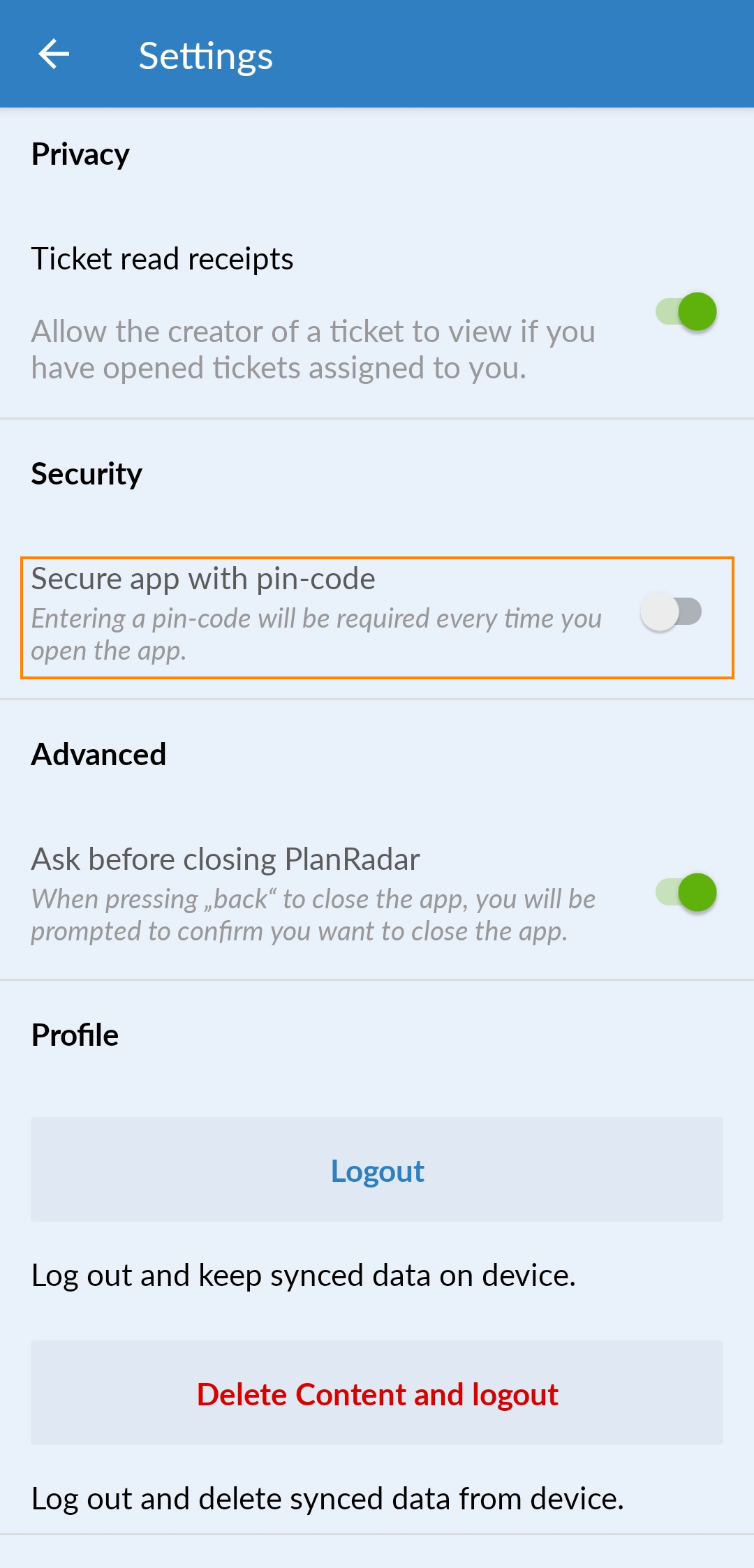 Configurar un código PIN y seguridad biométrica – PlanRadar HelpCenter